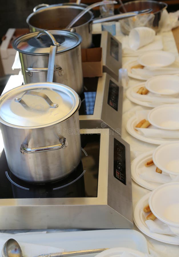 Three Big Pots in the Restaurant with Plastic Dishes Stock Image ...