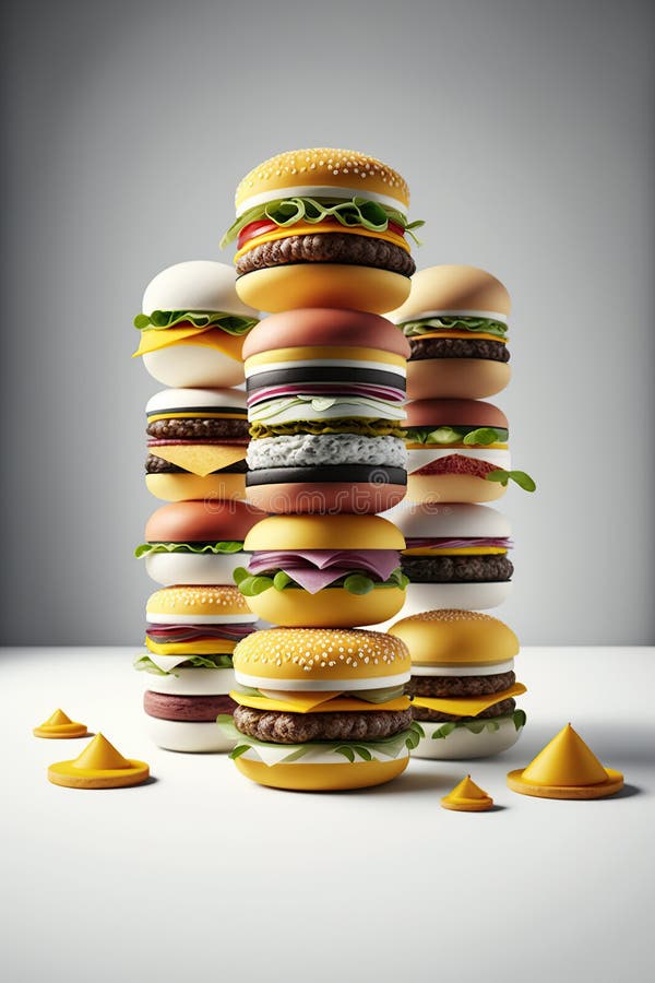 Three Big Stack of Huge Burgers on the White Table Background, Stock ...