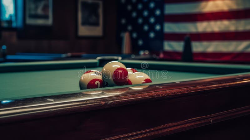 Three Billiard Balls on a Game Table and the United States Flag in the ...