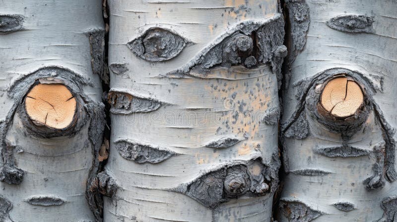 Three Birch Tree Trunks Show Textured Bark and Cut Branches Stock ...