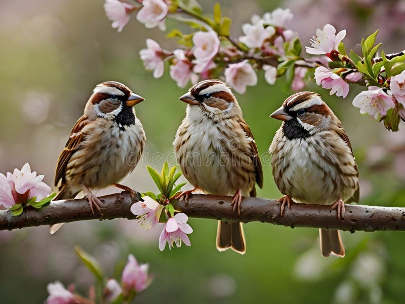 Three Birds on a Blossoming Branch Amid Springtime Flowers Stock Image ...