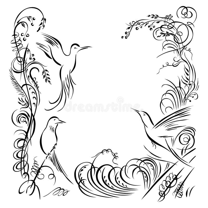 Three Birds. Calligraphy Swirling Grass, Flowers, Plants Element Stock ...