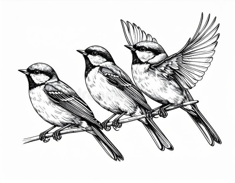 Three Birds in Monochrome Ink Drawing Stock Illustration - Illustration ...