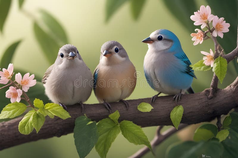 Three Birds Sit on a Branch with Leaves and a Tree in the Background ...