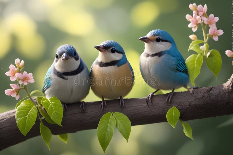Three Birds are Sitting on a Branch with a Flower in the Background ...