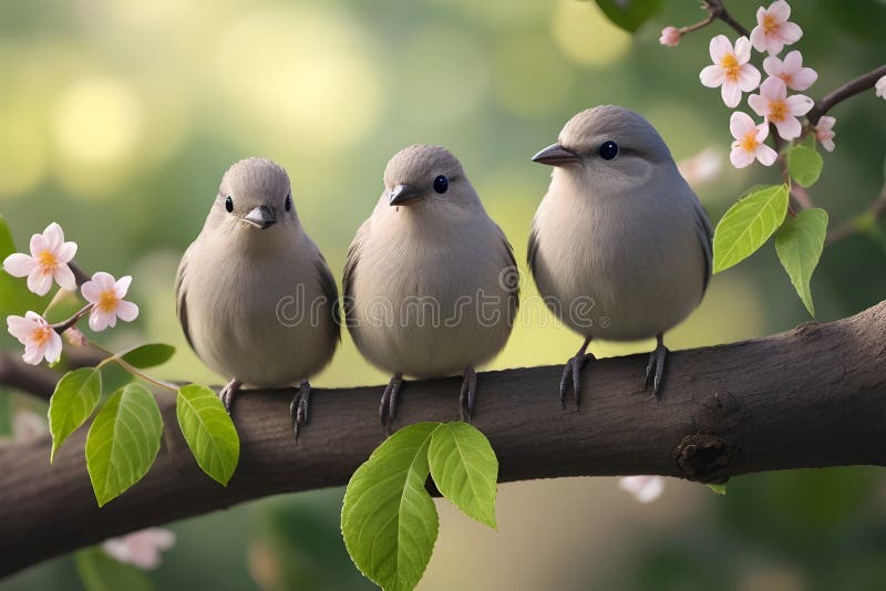 Three Birds are Sitting on a Branch with a Flower in the Background ...