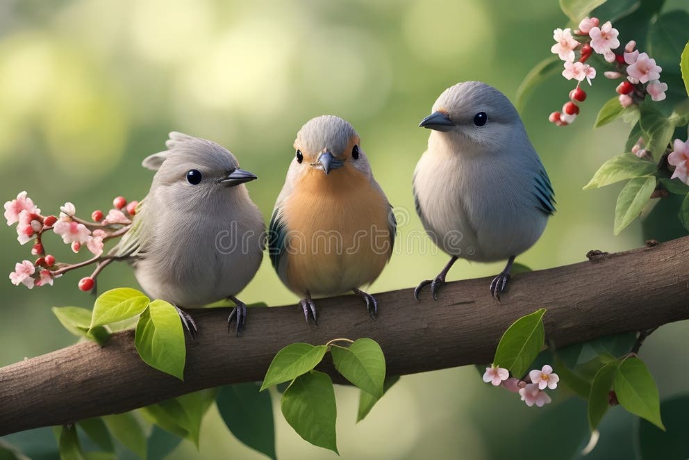 Three Birds are Sitting on a Branch with a Flower in the Background ...