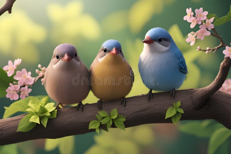 Three Birds Sitting on a Branch Stock Illustration - Illustration of ...