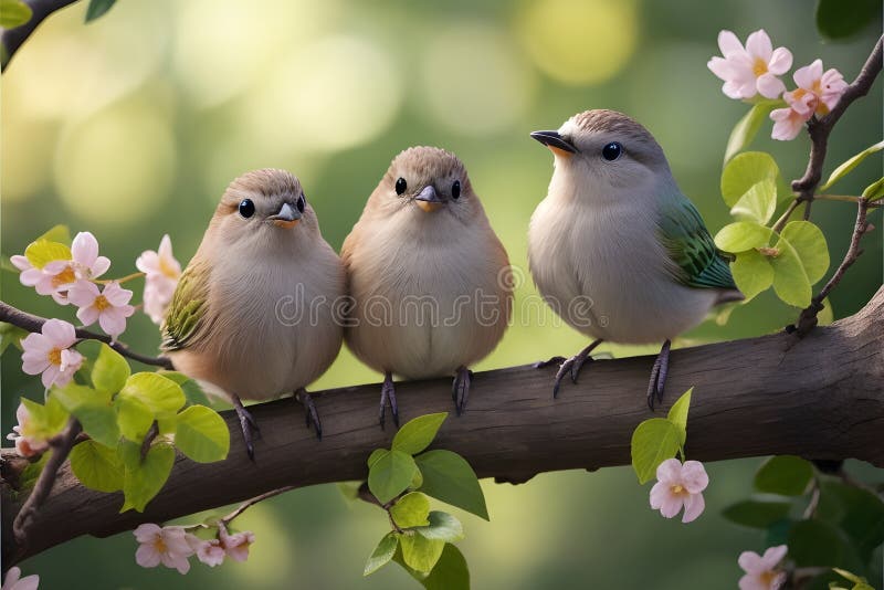 Three Birds Sitting on a Branch with Flowers in the Background Stock ...