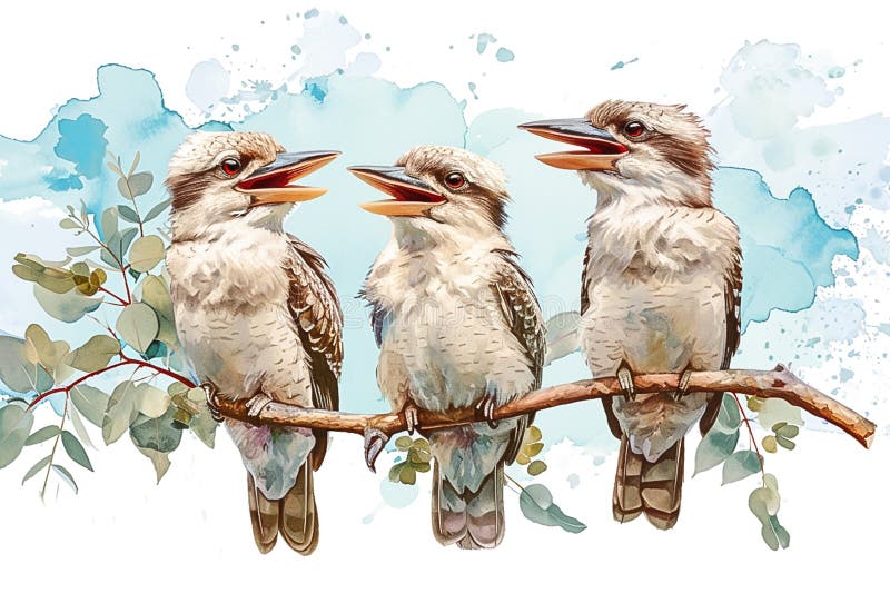 Three Birds Sitting on a Branch with Leaves Stock Illustration ...