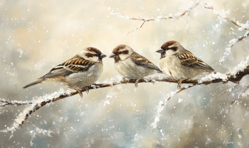 Three Birds are Sitting on a Branch Stock Photo - Image of green ...