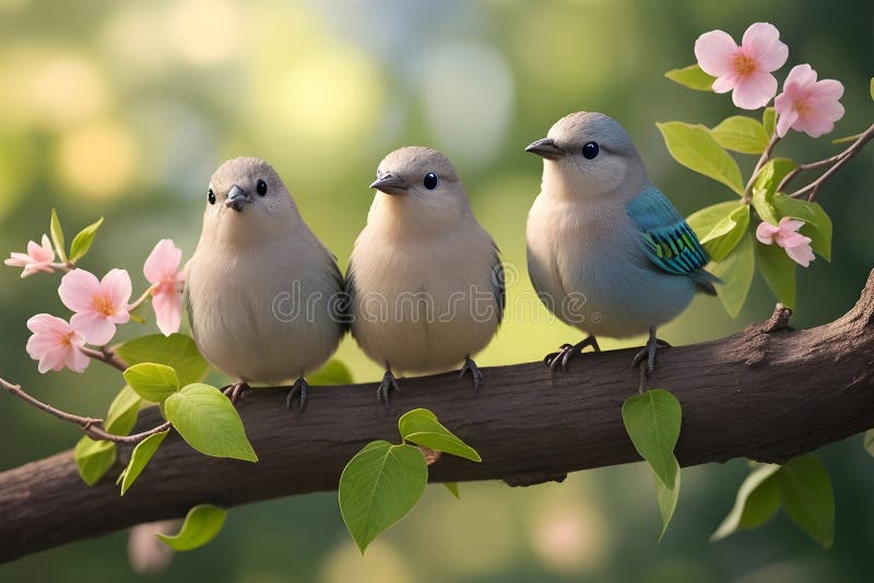 Three Birds are Sitting on a Branch with Pink Flowers Stock ...