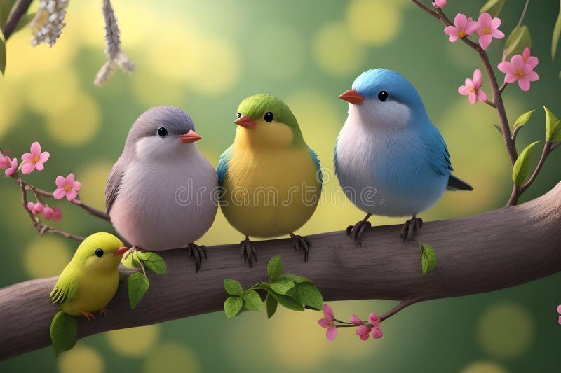 Three Birds are Sitting on a Branch with Pink Flowers Stock ...