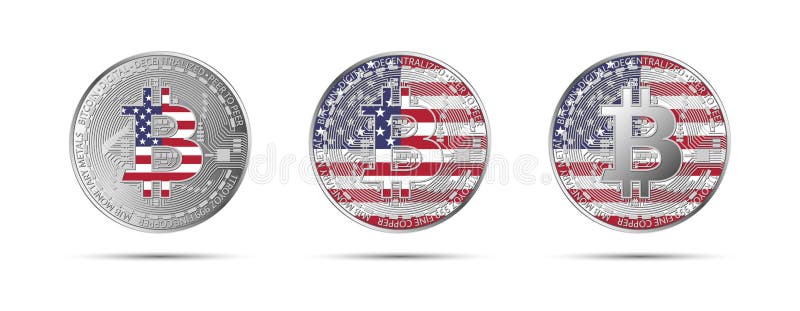Three Bitcoin Crypto Coins with the Flag of USA. Money of the Future ...