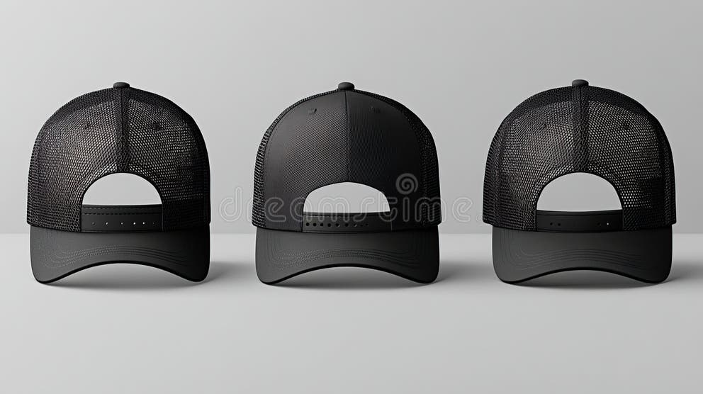 Three Black Baseball Caps, Rear View, Mockup Stock Illustration ...
