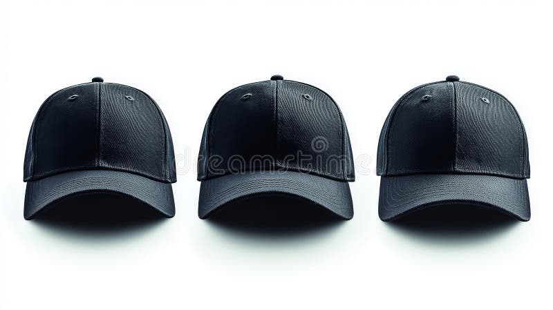 Three Black Baseball Mockup Caps Arranged Neatly on a White Surface ...