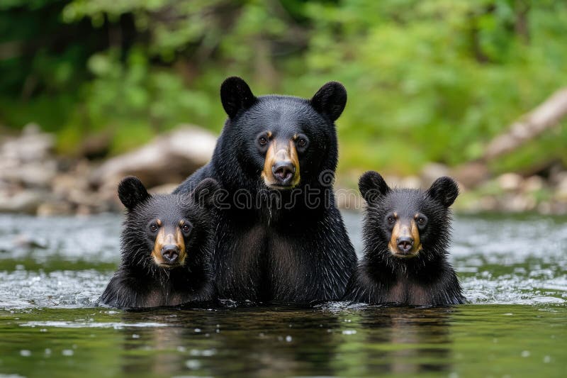 Three Black Bears Stand Together in Shallow Water, Looking Up at ...