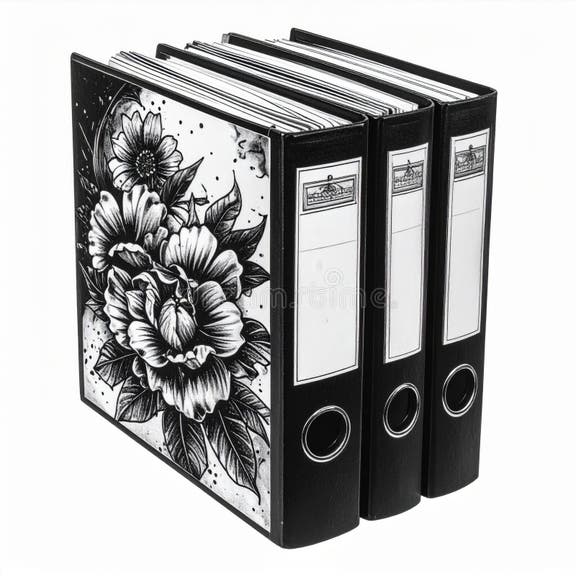 Three Black Binders with Floral Tattoo Design Stock Illustration ...