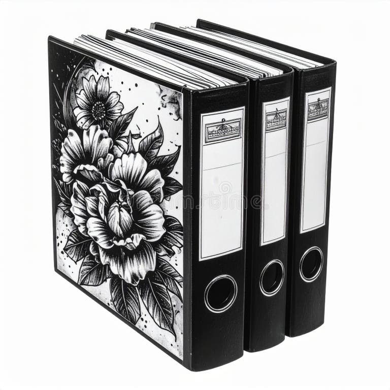 Three Black Binders with Floral Tattoo Design Stock Illustration ...