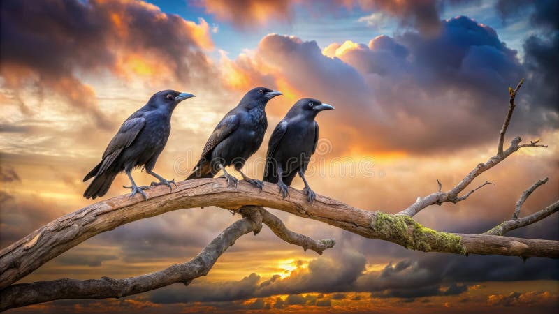Three Black Birds Perched on a Branch at Sunset. Generative AI Stock Illustration - Illustration ...