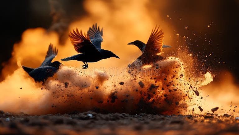 Three Black Birds Take Flight, Creating a Dust Cloud Explosion at Sunset Stock Image - Image of ...