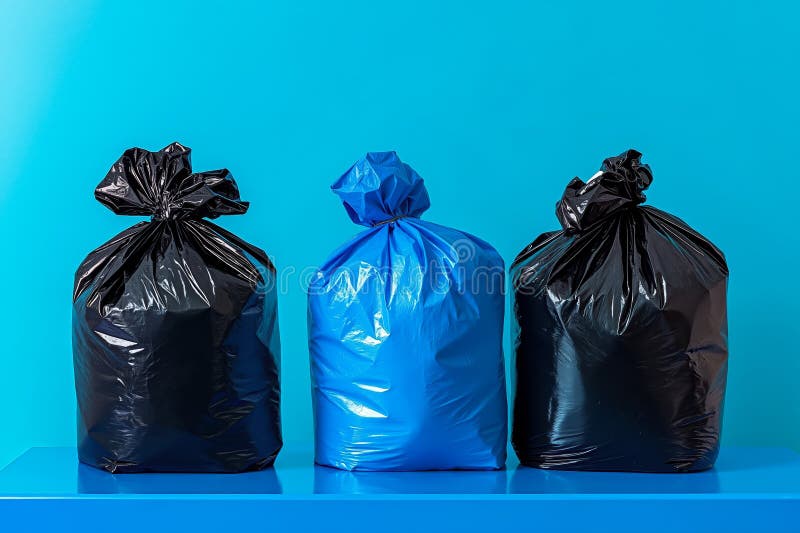 Three Black and Blue Garbage Bags Sitting on a Blue Surface Stock Image ...