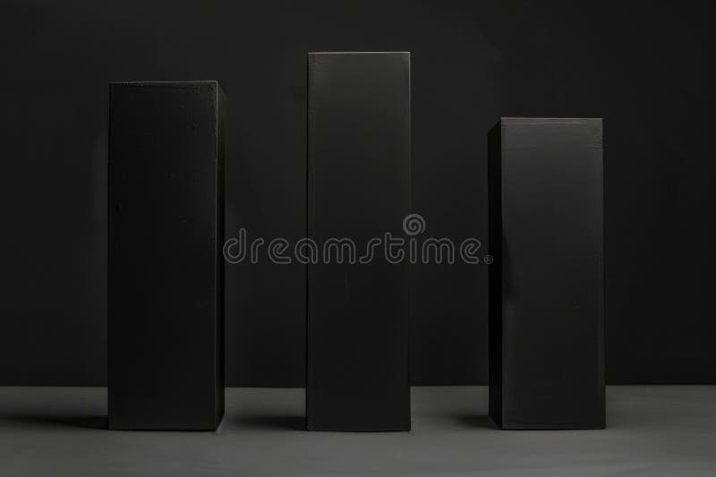 Three Black Boxes of Varying Sizes Stand in a Row on a Dark Surface. the Background is Also Dark ...