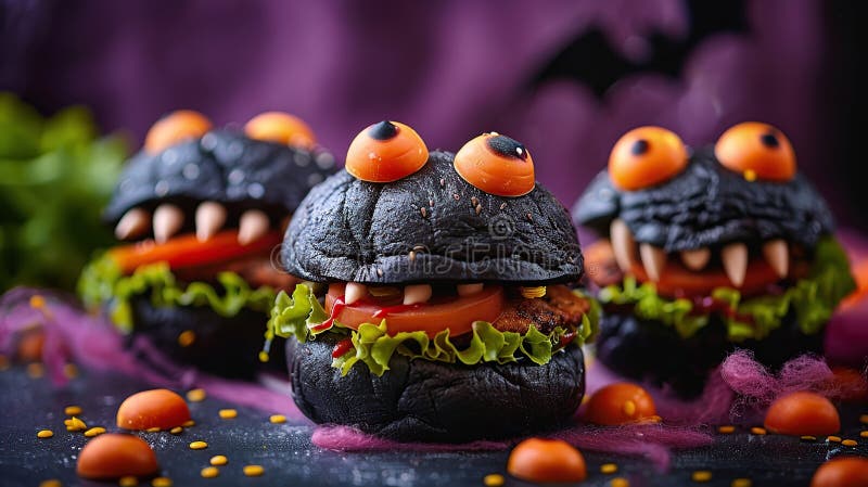 Three Black Burger Buns with Funny Monster Faces Made with Lettuce ...