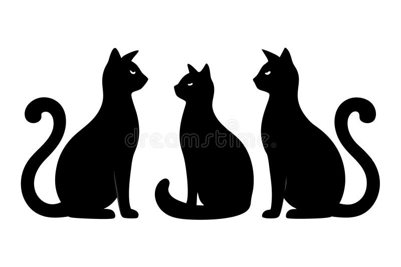 Three Black Cat Silhouettes Sitting Facing Each Other on White ...