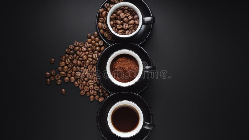 Three Black Coffee Cups in Line on Dark Background Stock Illustration ...