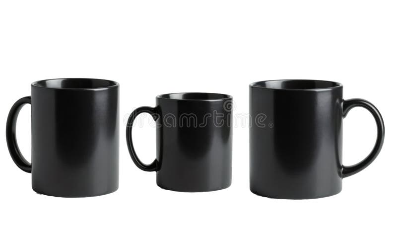 Three Black Coffee or Tea Mugs Shown from Different Angles, Isolated on ...