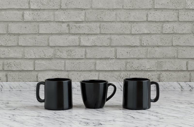 Three Black Color Coffee Mugs Side by Side on Kitchen Countertop with ...