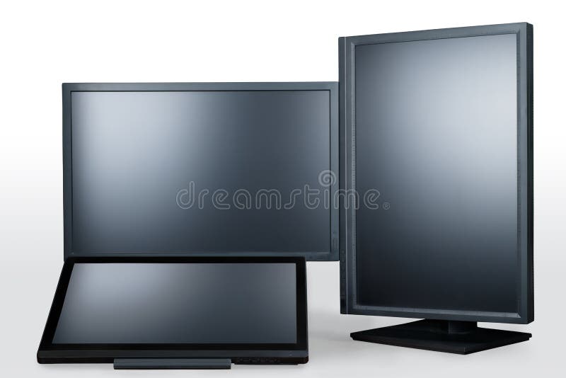 Three Black Computer Monitors Isolated on White with Clipping Path ...