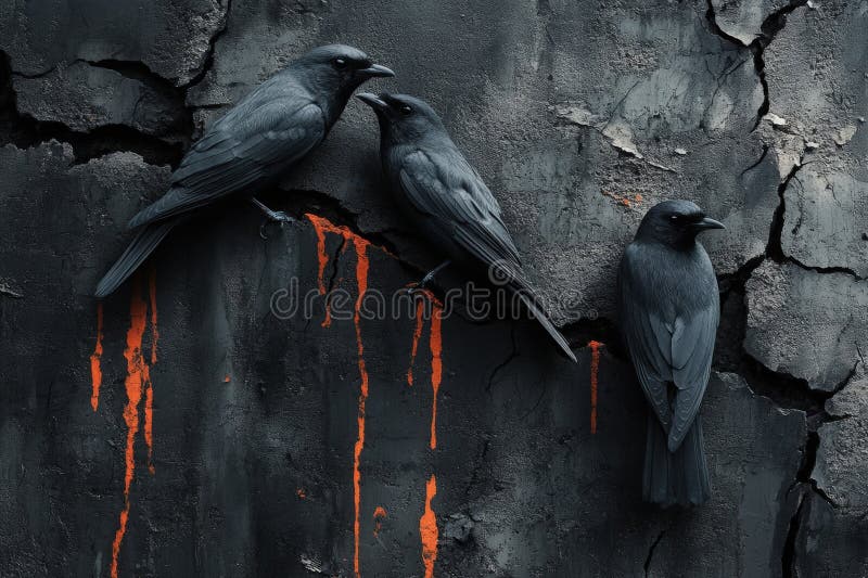 Three Black Crows Perched on a Cracked Wall with Orange Paint Drips ...