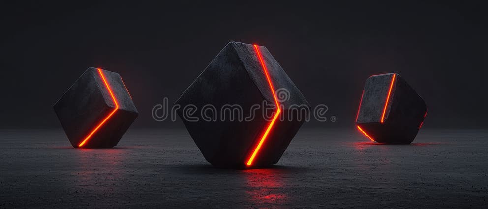 Three Black, Diamond-shaped Objects with Glowing Red Lines are Arranged ...