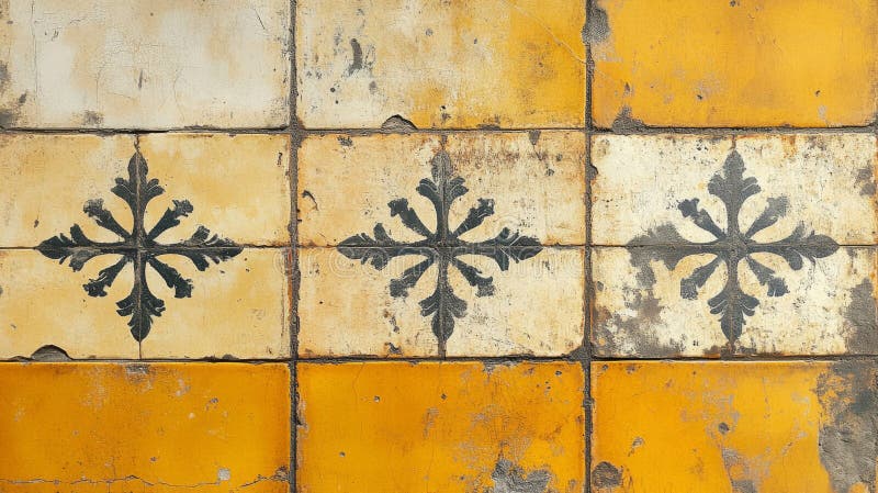 Three Black Floral Designs on Yellow and White Tile Wall Stock ...
