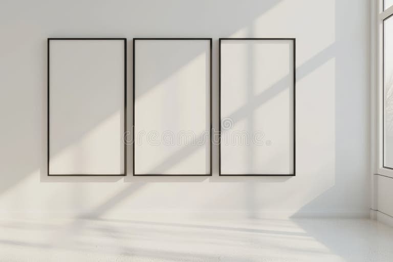 Three Black Frames on White Wall Mockup. 3 Empty Frames for Artwork or Photos Stock Image ...