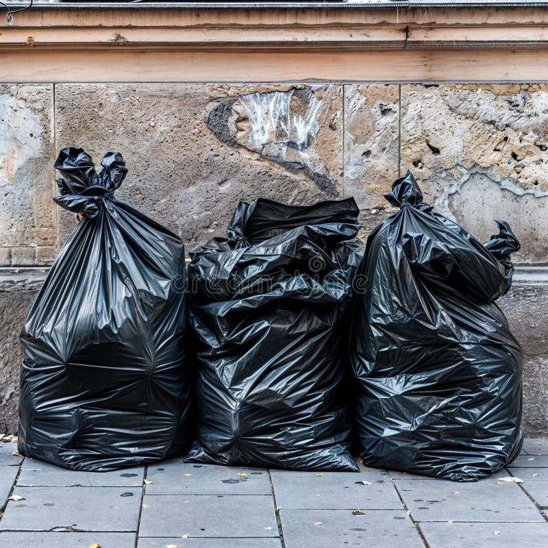 Three Black Garbage Bags beside an Aged Structure, AI-generated. Stock ...