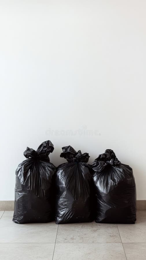 Three Black Garbage Bags on Tiled Floor Against White Wall Stock Photo ...