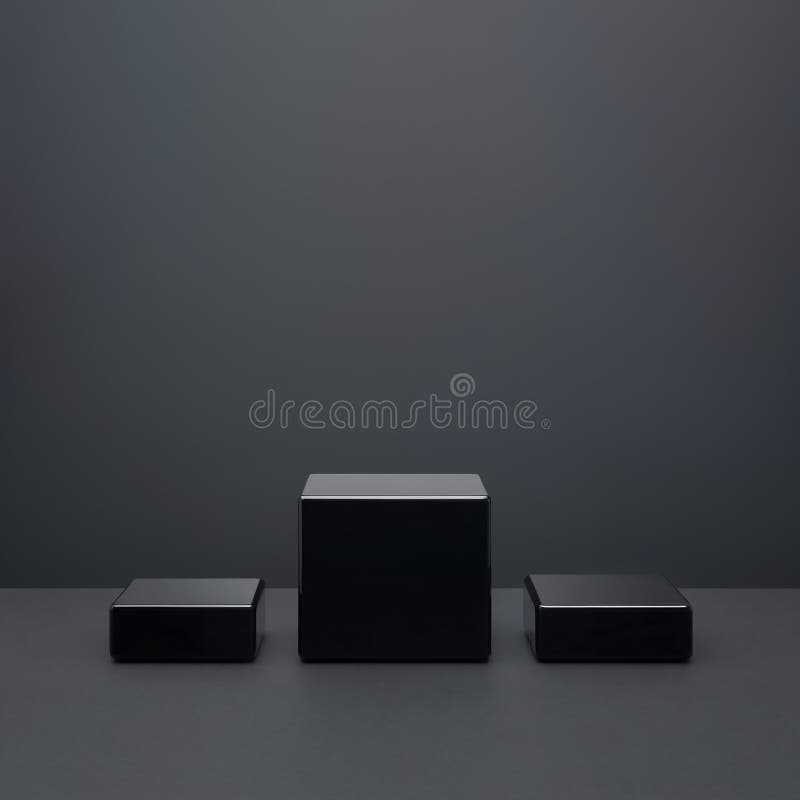 Three Black Geometric Cube Pedestals in Dark Studio Setting. Premium ...