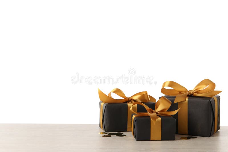 Three Black Gift Boxes on White Wooden Table. Space for Text Stock ...
