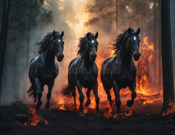 Three Black Horses Running from Fire Stock Illustration - Illustration ...