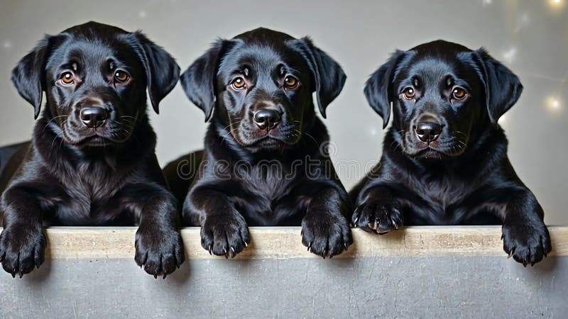 Three Black Labrador Puppies Resting on a Wooden Ledge, Looking ...
