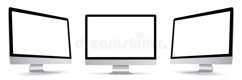 Three Black Monitor with Empty Display in Turn, Realistic Set Device ...