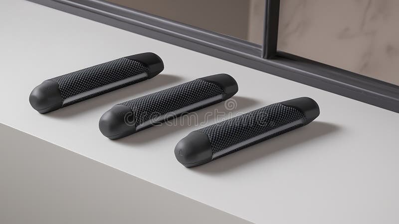 Three Black Objects with a Black Handle are on a White Surface Stock ...