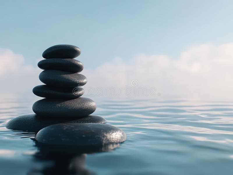 Three Black Rocks are Carefully Stacked in Still Water Stock Image ...