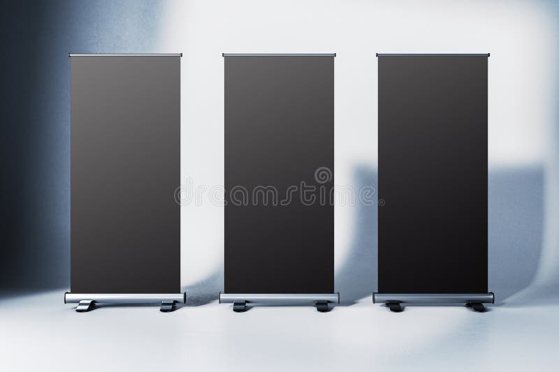 Three Black Roll-up Banners with Gradient Background. 3D Rendering ...