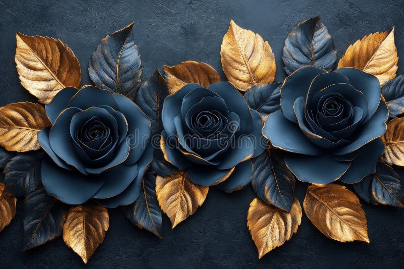 Three Black Roses with Gold Leaf Accents on a Black Background Stock ...