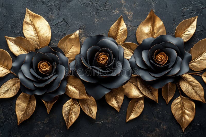 Three Black Roses with Gold Leaves on a Dark Background Stock Photo ...