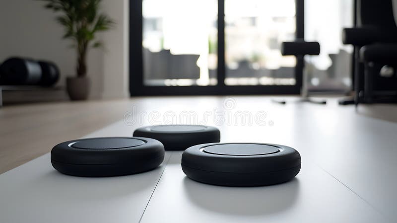 Three Black Round Objects are on a White Surface Stock Photo - Image of ...